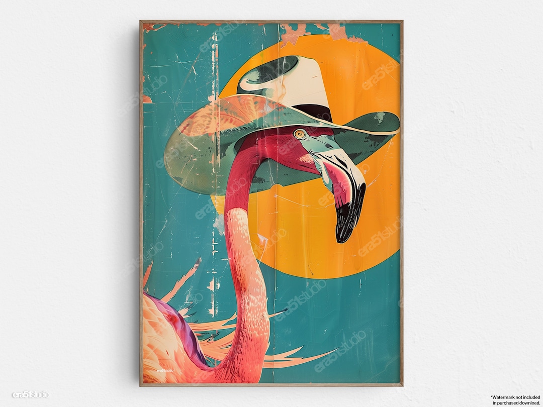 Whimsical Flamingo Fancy Cowboy - Original Mid-century Modern ...