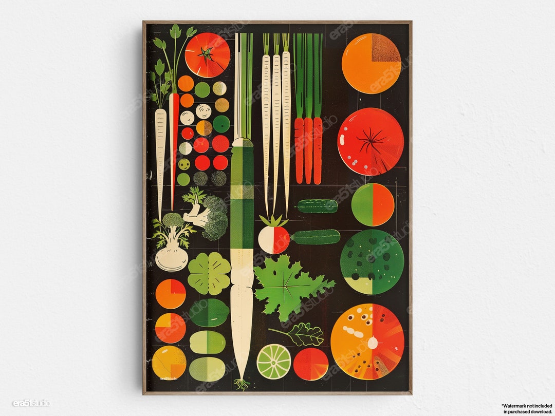 Vintage Geometric Garden Vegetable Pattern - Original Mid-century ...