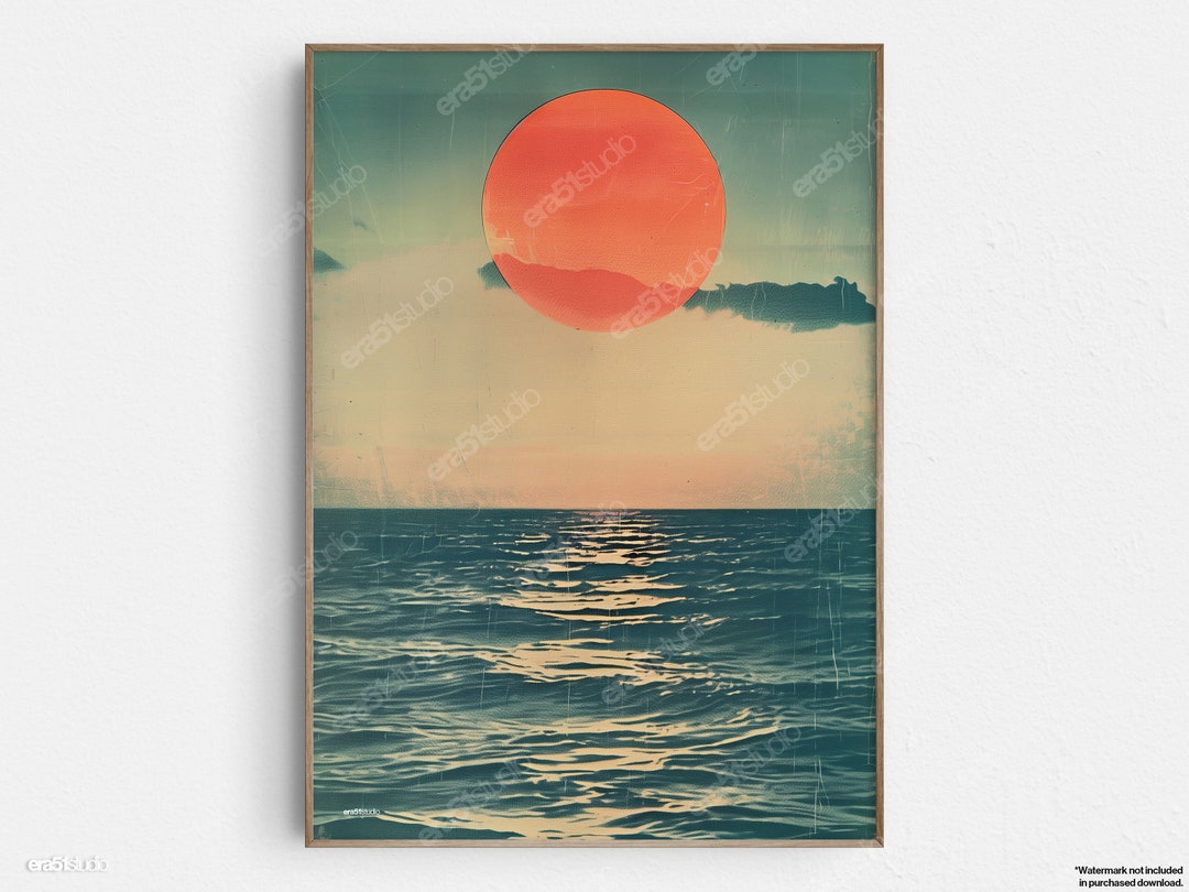 Vintage Ocean Sunset Risograph - Original Mid-century Modern Minimalist ...