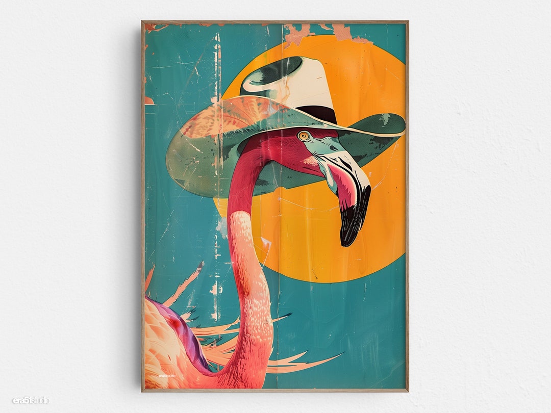 Whimsical Flamingo Fancy Cowboy Original Mid-century Modern Minimalist ...