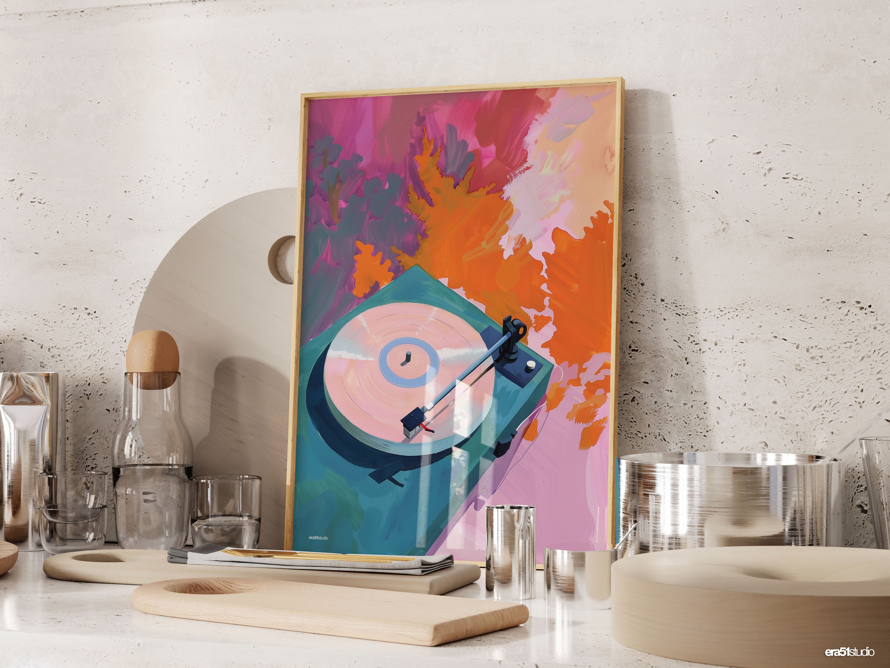 Floral Record Player Painting - Original Mid-century Modern Minimalist ...