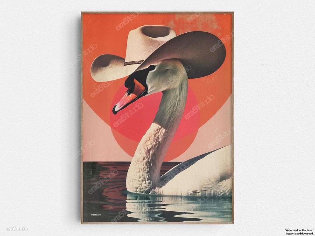 Swan With Cowboy Hat - Original Mid-century Modern Minimalist Wall Art ...