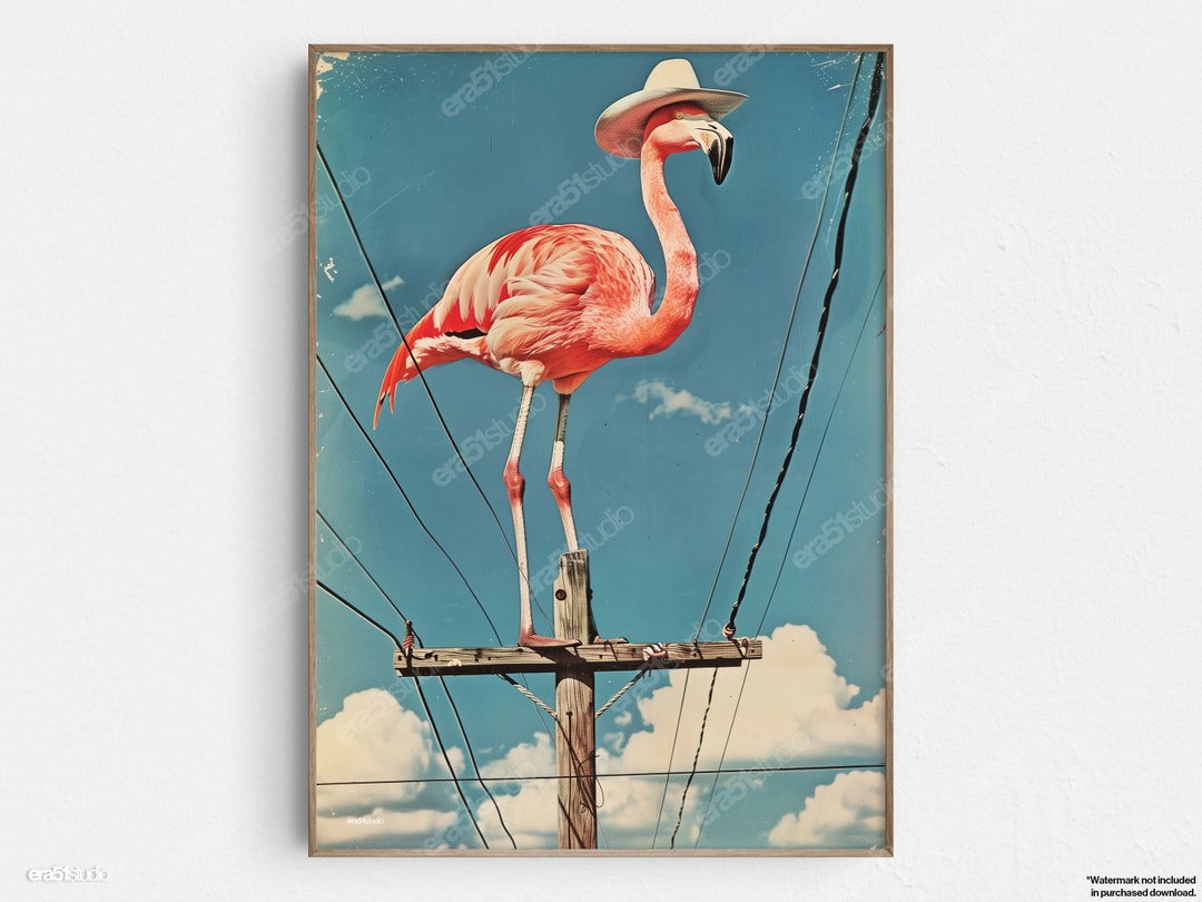 Flamingo Cowboy on a Wire - Original Mid-century Modern Minimalist Wall ...