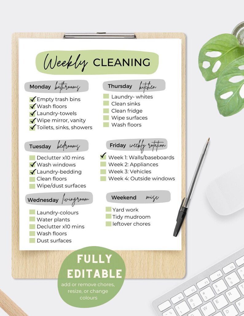Simple Weekly Cleaning Checklist - Instant Download, Editable in Canva ...