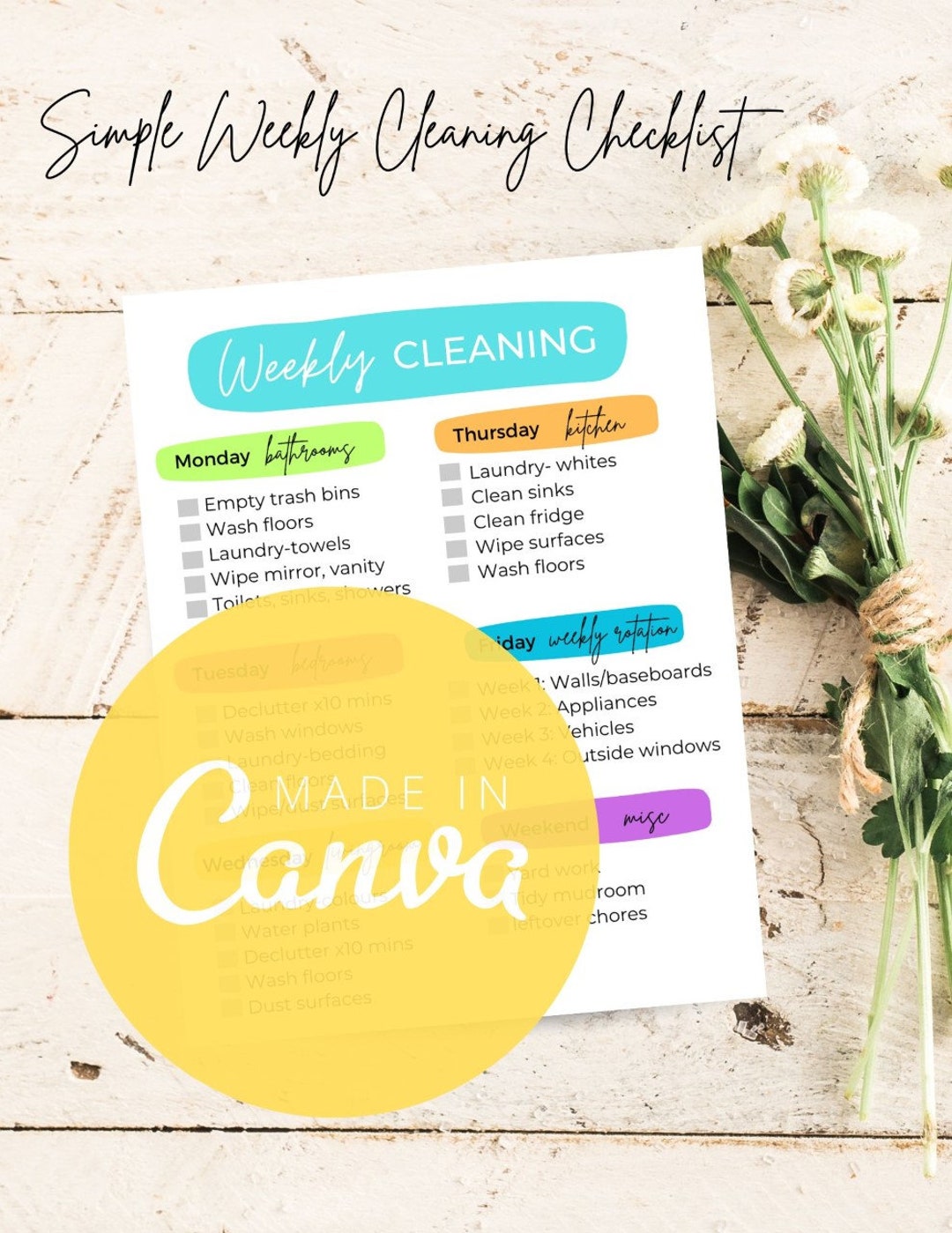 Simple Weekly Cleaning Checklist - Instant Download, Canva Editable ...
