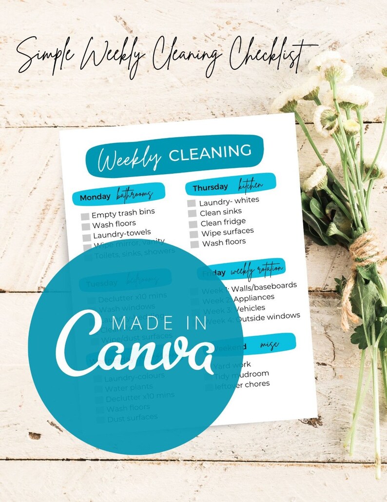 Simple Weekly Cleaning Checklist Instant Download Editable - Etsy