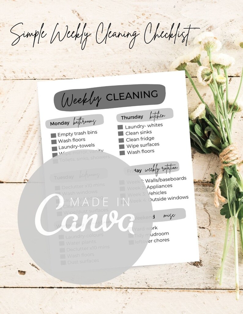 Simple Weekly Cleaning Checklist - Instant Download, Editable in Canva ...
