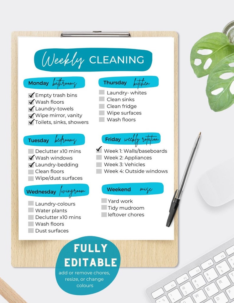 Simple Weekly Cleaning Checklist Instant Download Editable - Etsy