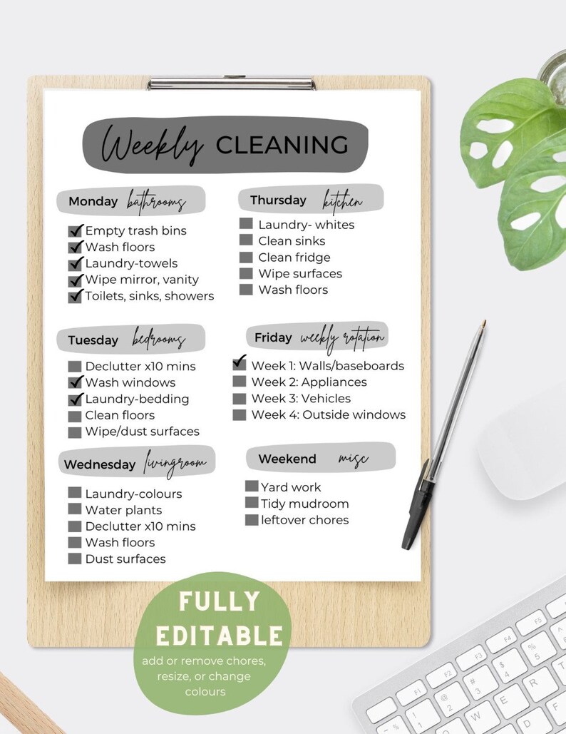 Simple Weekly Cleaning Checklist - Instant Download, Editable in Canva ...