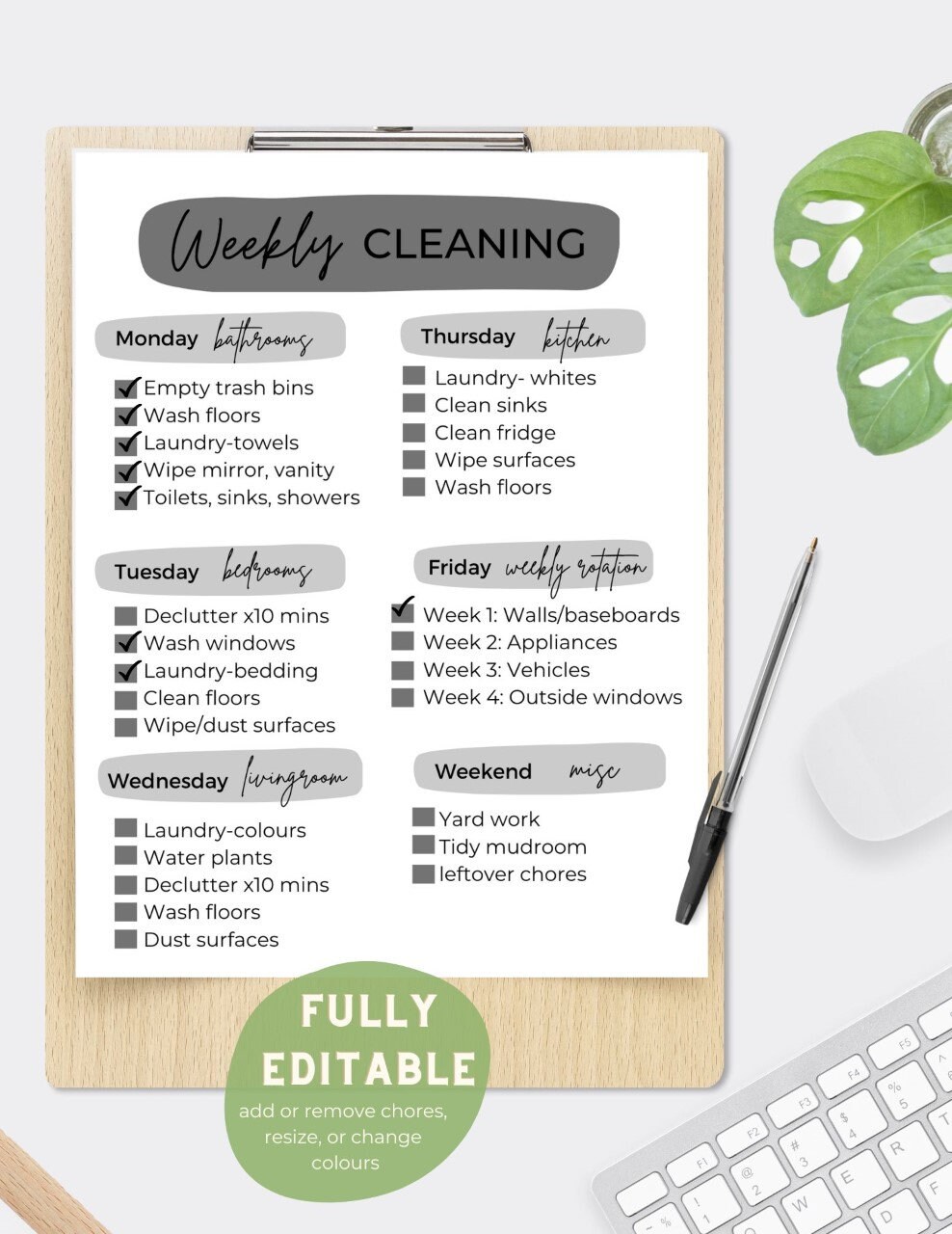Simple Weekly Cleaning Checklist - Instant Download, Editable in Canva ...
