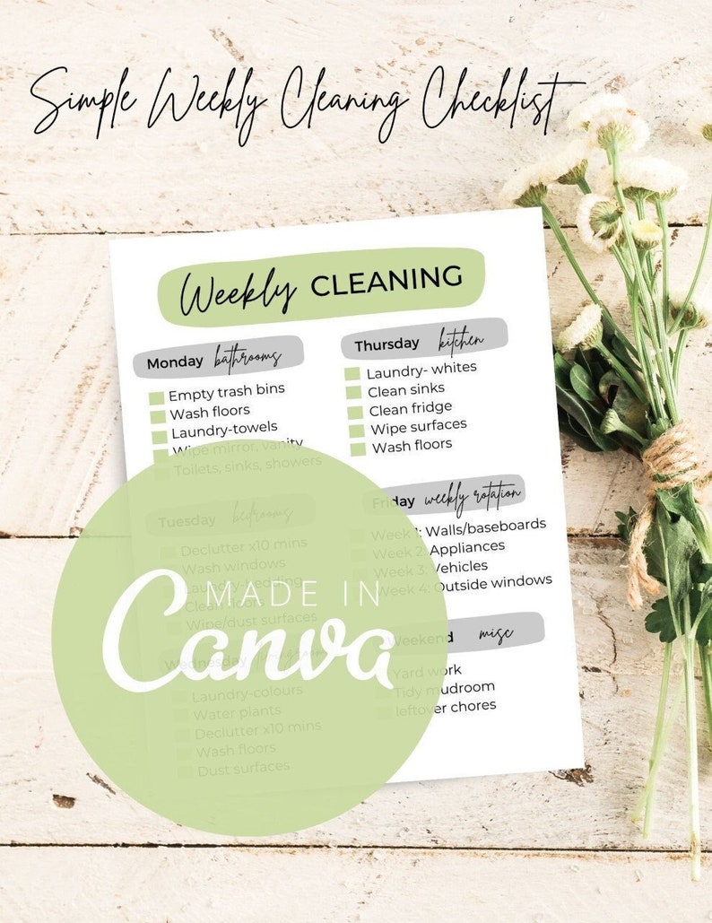 Simple Weekly Cleaning Checklist - Instant Download, Editable in Canva ...