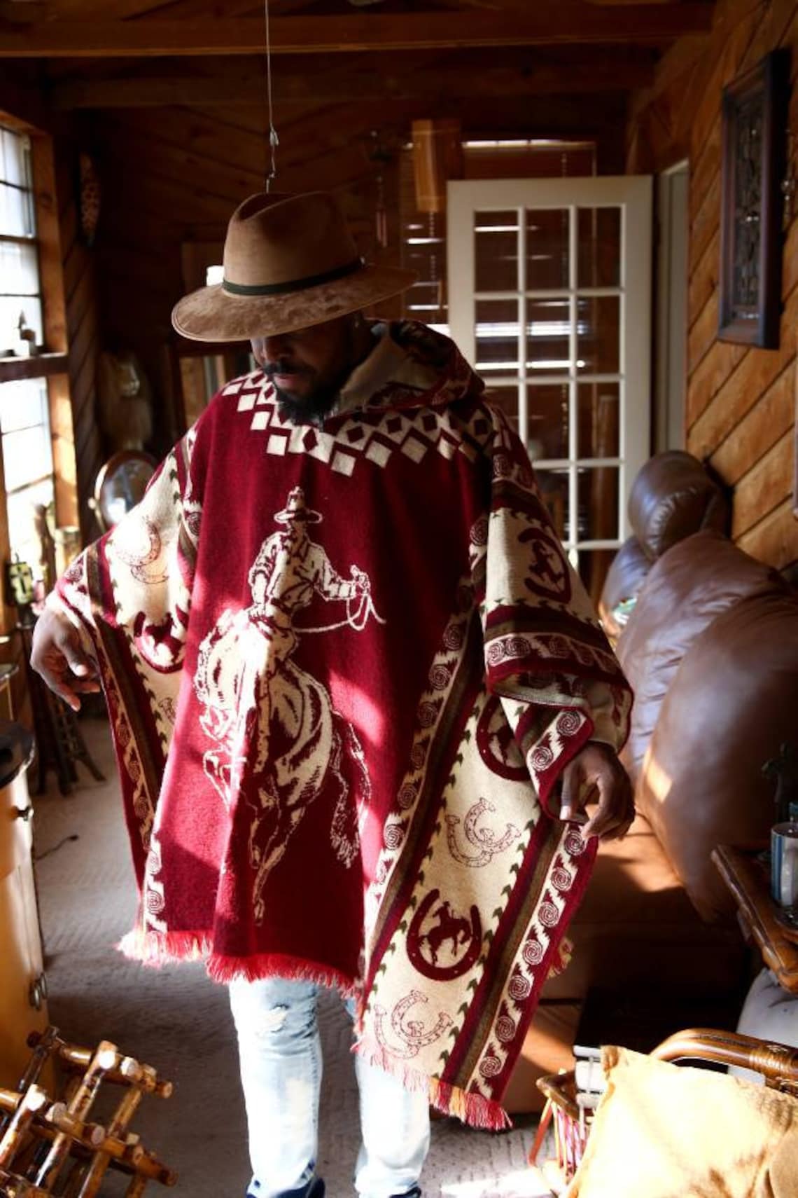 Red Cowboy Poncho One Size Fits All Western Poncho. Hooded - Etsy