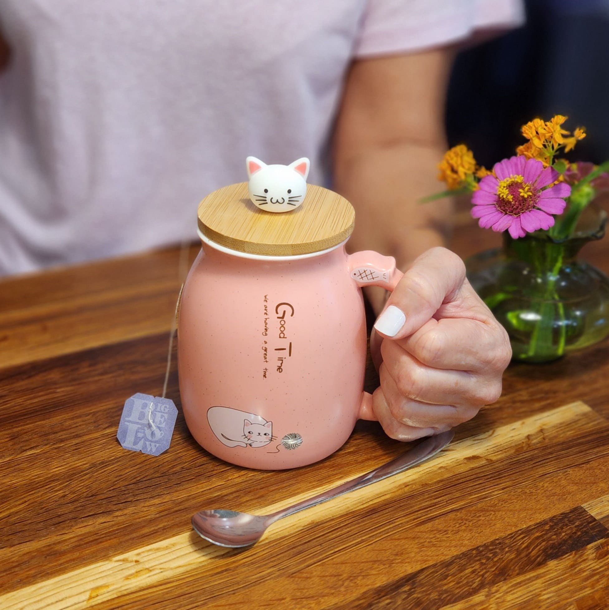 Cartoon Cat Mug With Lid & Spoon: Porcelain Coffee Tea Cup, Cat Person ...