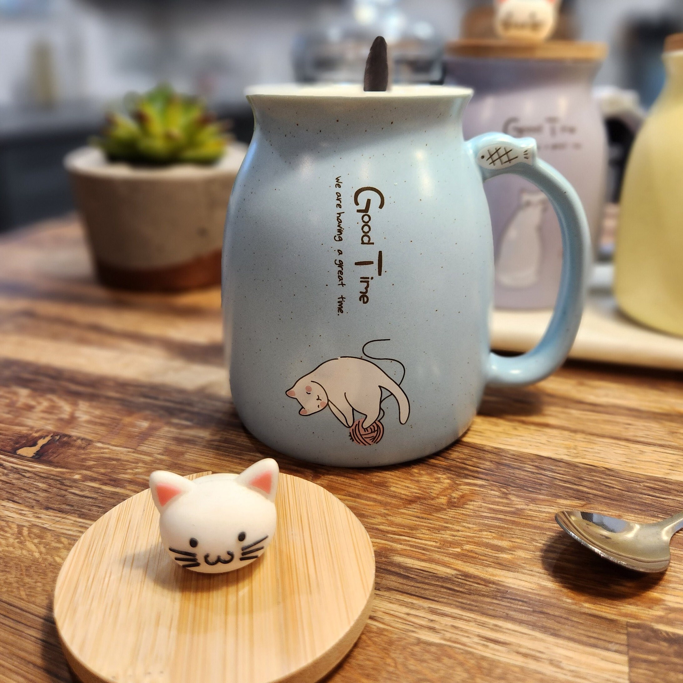 Cartoon Cat Mug With Lid & Spoon: Porcelain Coffee Tea Cup, Cat Person ...