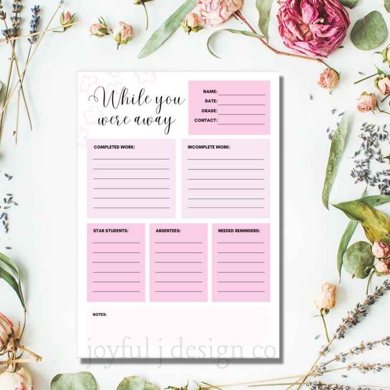 Girly Substitute Teacher Note Printable: Floral Design (PDF) - Etsy