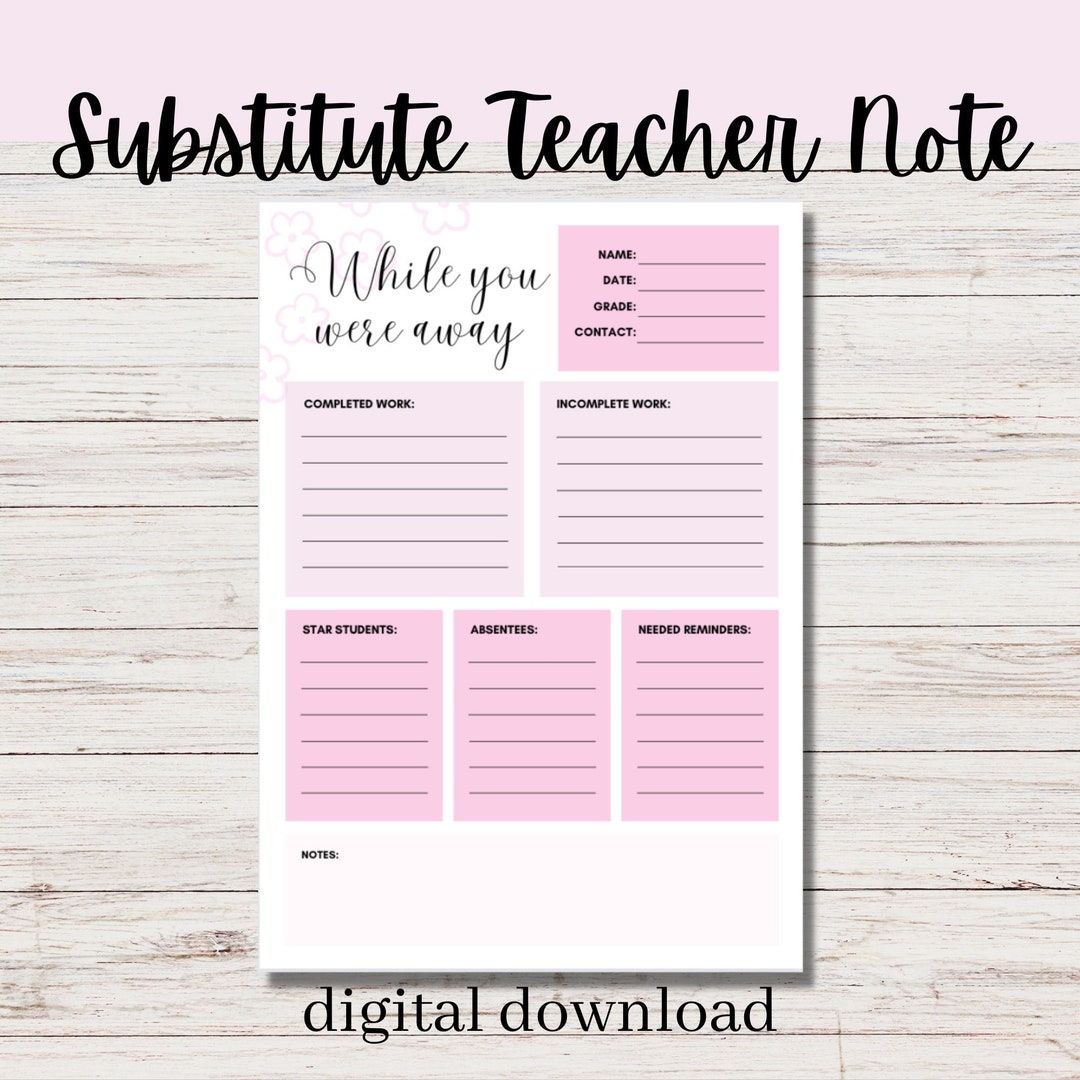 GIRLY Substitute Teacher Printable, Substitute Teacher Note, While You ...