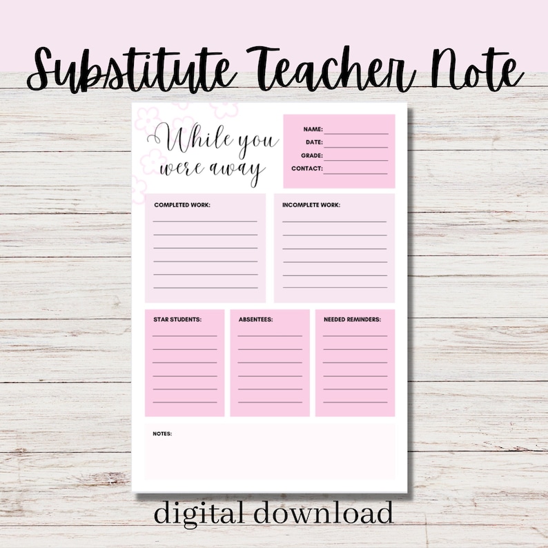 GIRLY Substitute Teacher Printable, Substitute Teacher Note, While You ...