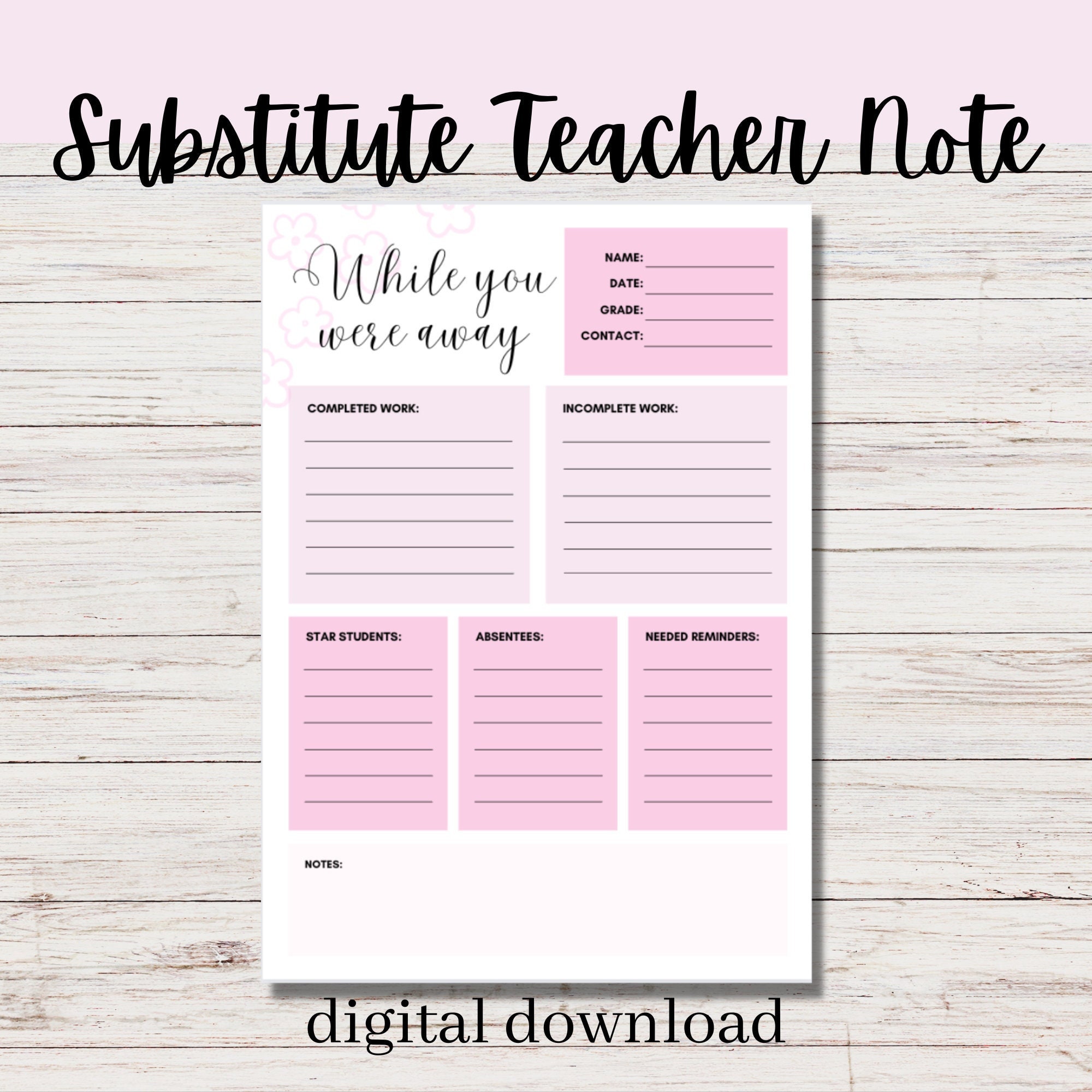 GIRLY Substitute Teacher Printable, Substitute Teacher Note, While You ...