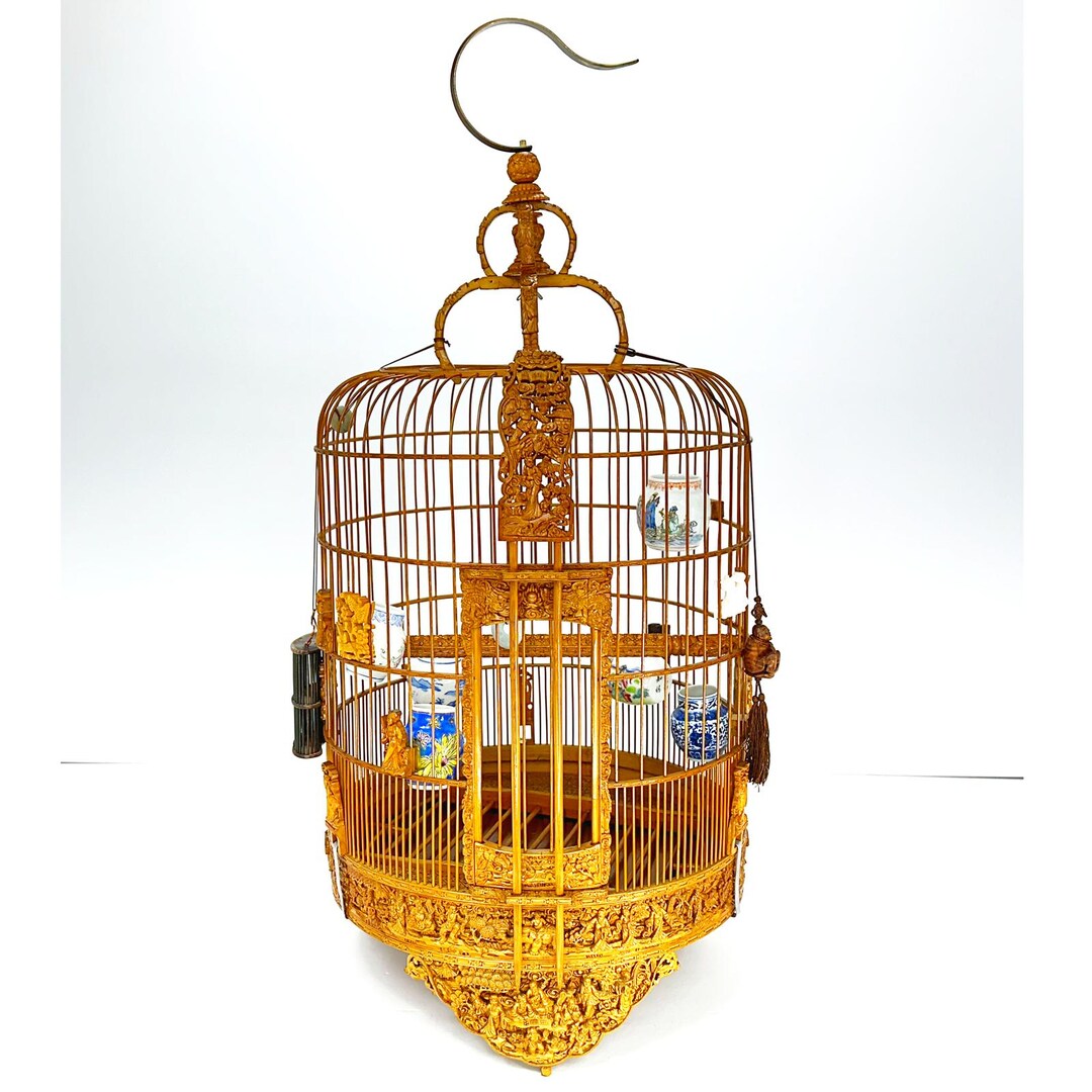 Vintage Chinese Bamboo Birdcage: Hand-carved Porcelain Cups, Republic ...