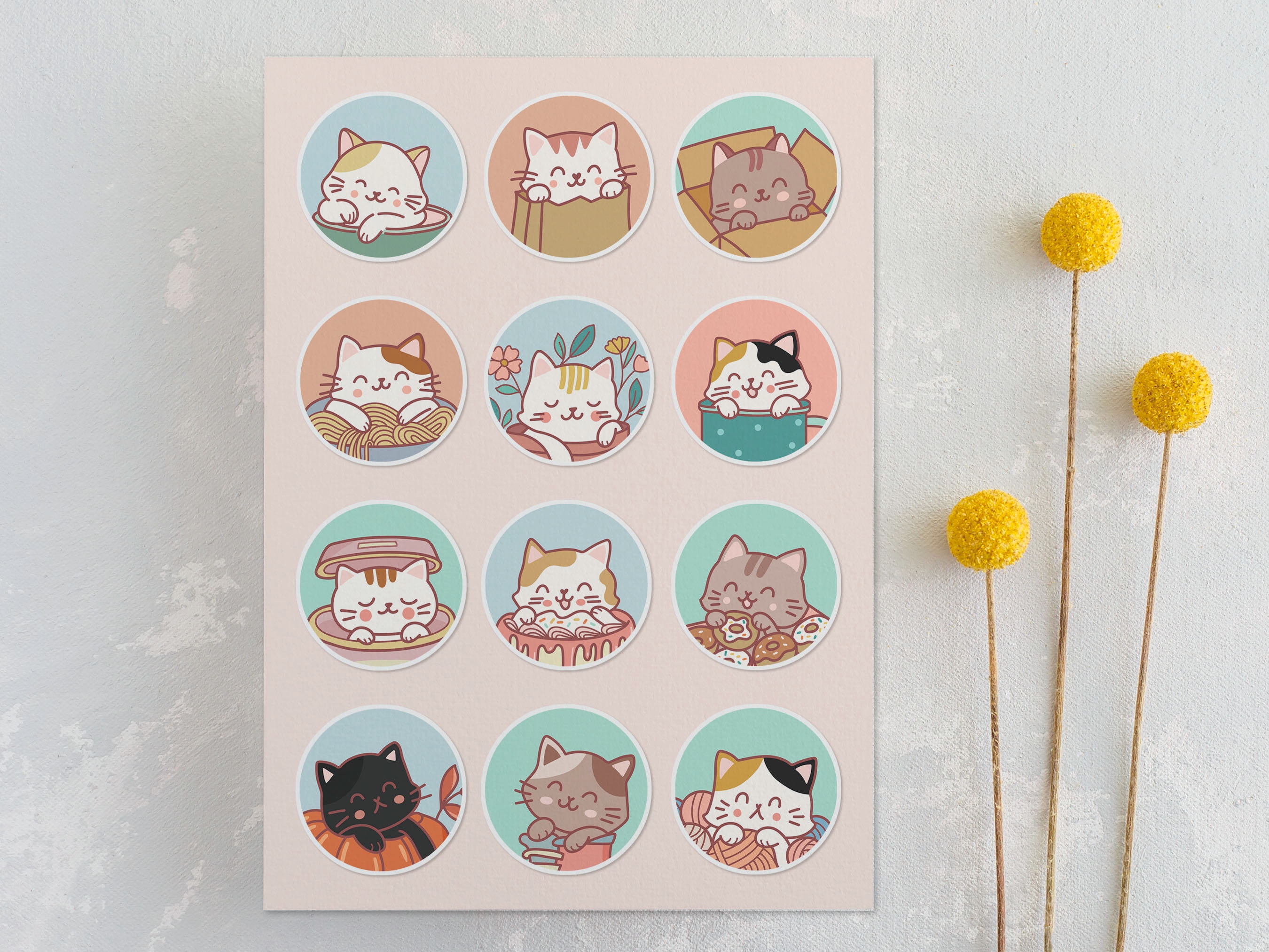 Kawaii Cat Round Clipart Bundle, Cute Colorful Cat Circles Printable ...