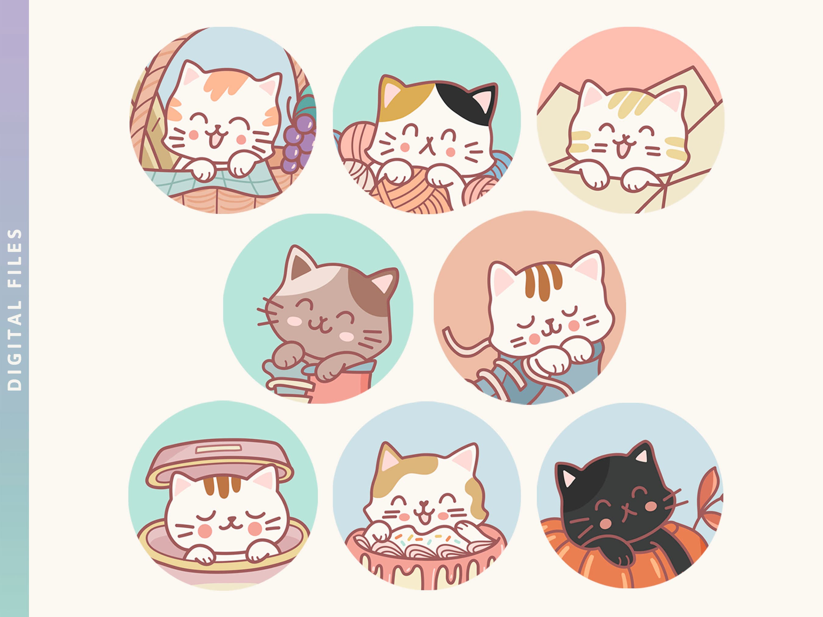 Kawaii Cat Round Clipart Bundle, Cute Colorful Cat Circles Printable ...