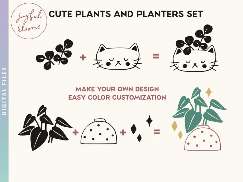 Cute Hand Drawn Plants and Pots SVG PNG DXF - Minimalist Foliage, Cat ...