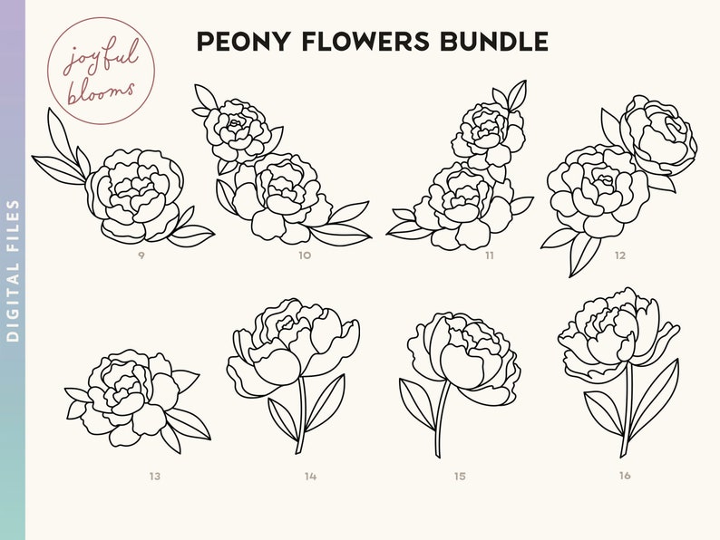Hand-drawn Peony Flowers SVG PNG DXF Bundle, Boho Floral Line Art ...