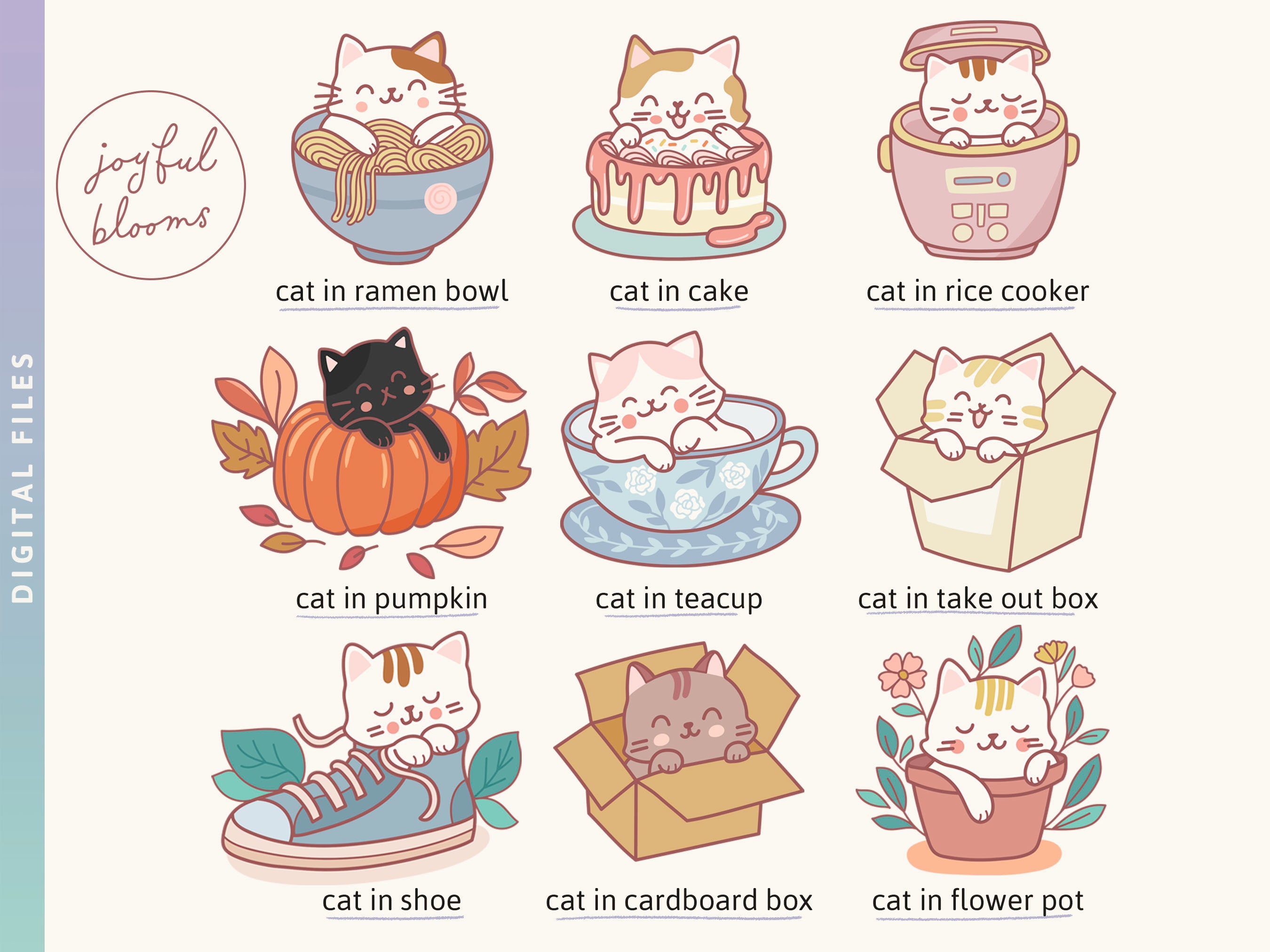 Purrfectly Cozy Kawaii Cats Illustration Bundle - 16 Hand Drawn Clipart ...