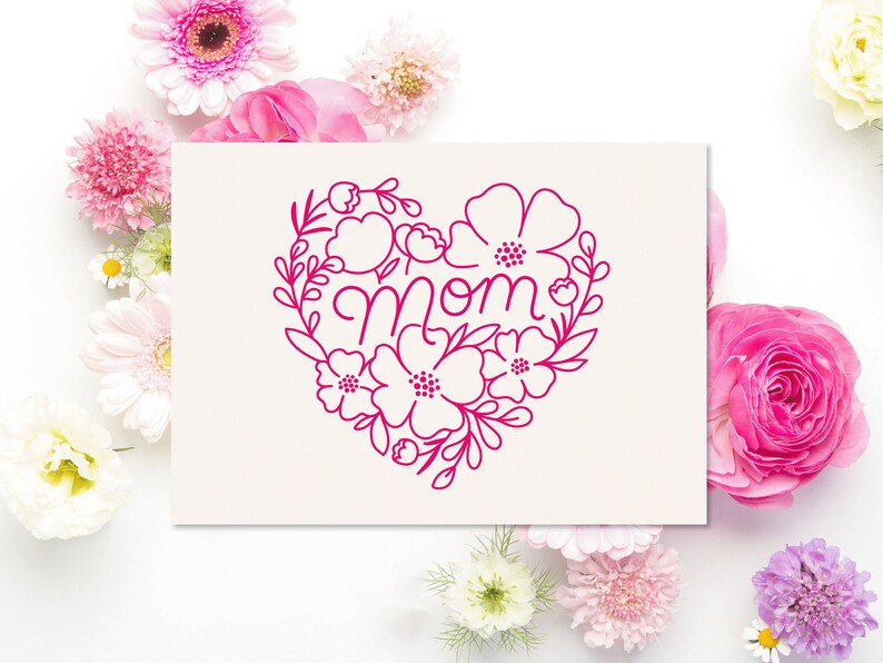 Hand Drawn Floral Heart Mom Line Art Boho Flowers Svg Png Dxf