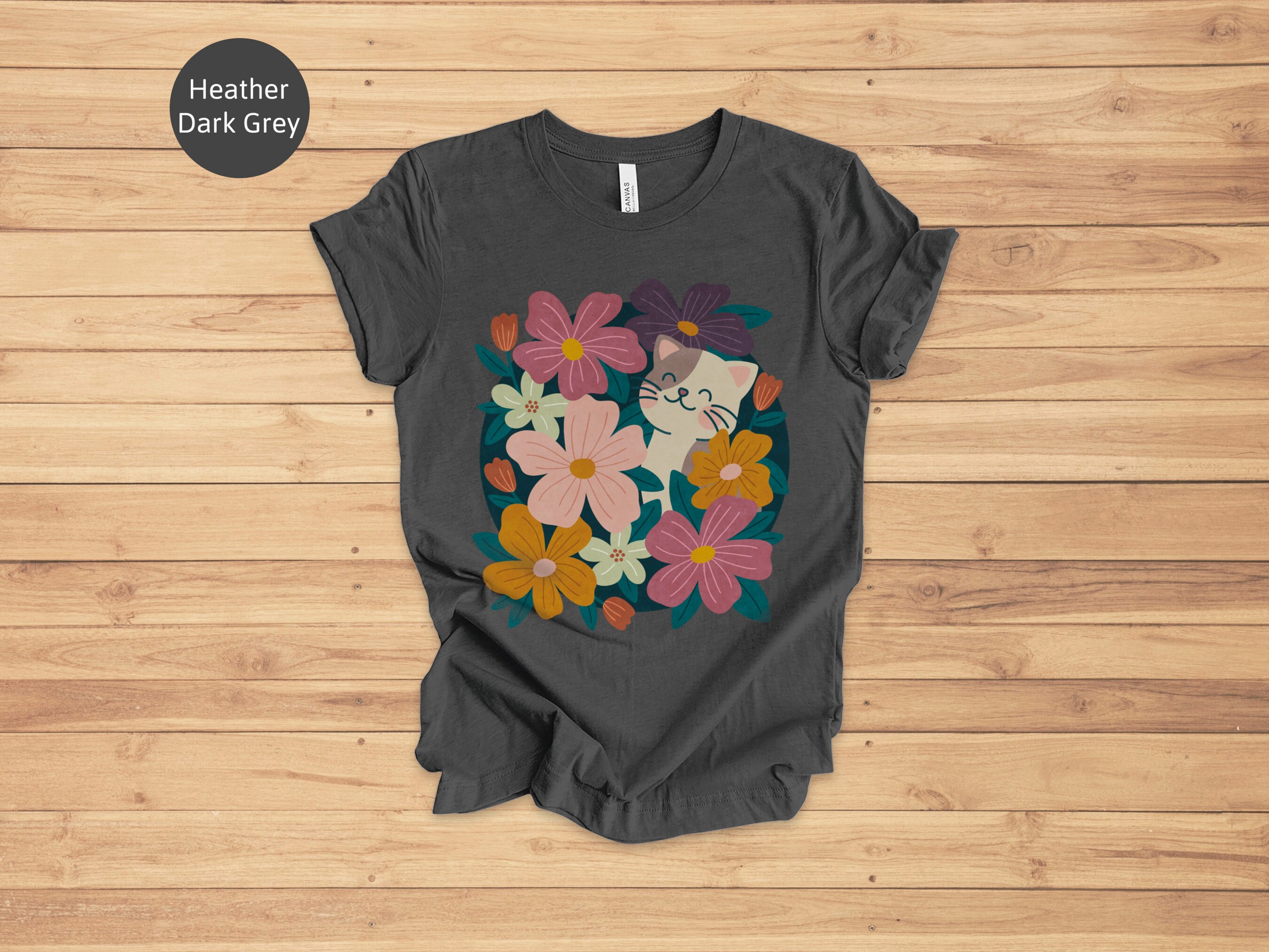 Cute Happy Cat Peeking Out of Colorful Flowers T-shirt, Whimsical ...