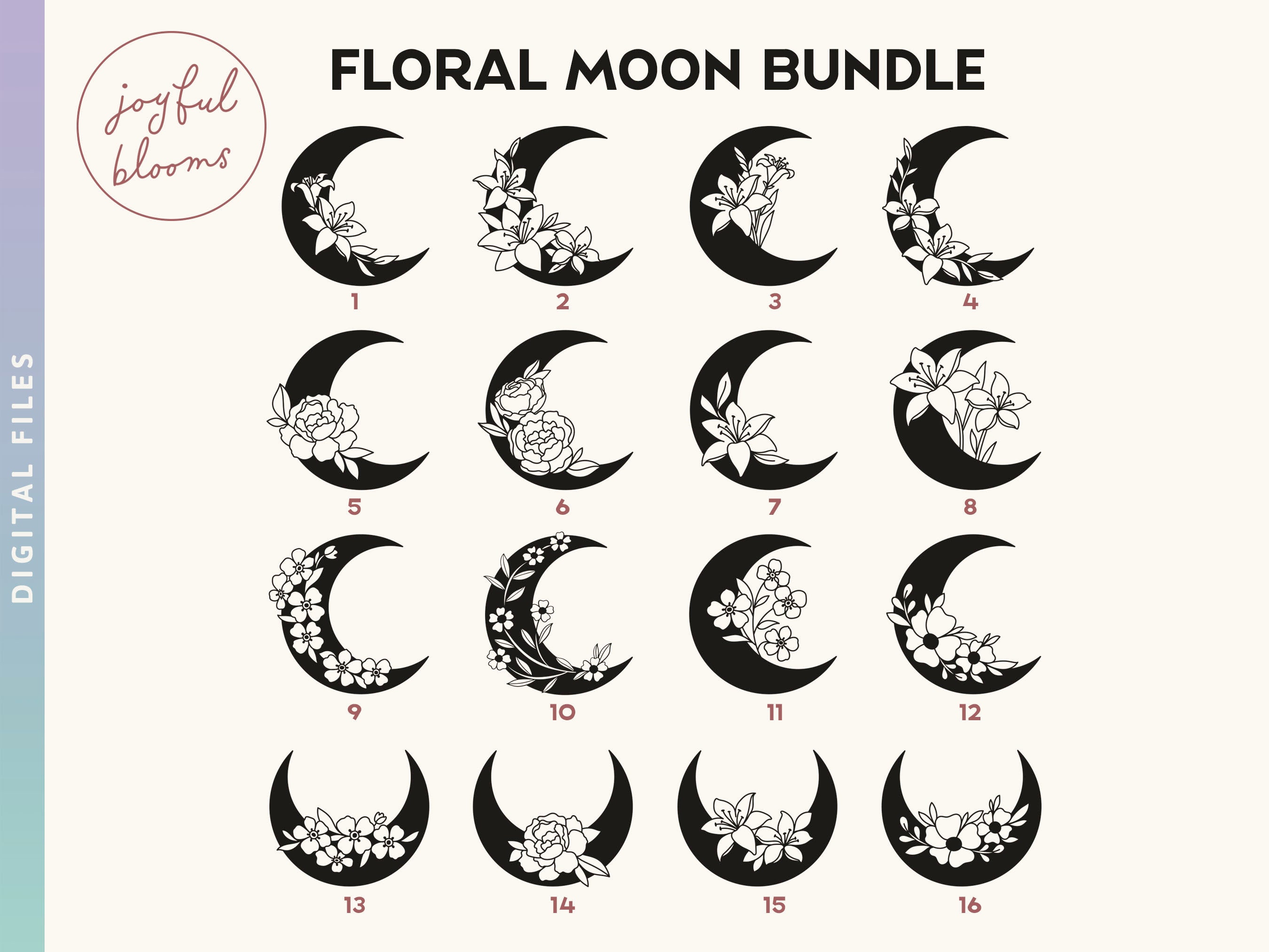 Minimalist Floral Moon Bundle, Boho Line Art, Celestial Flowers SVG PNG ...