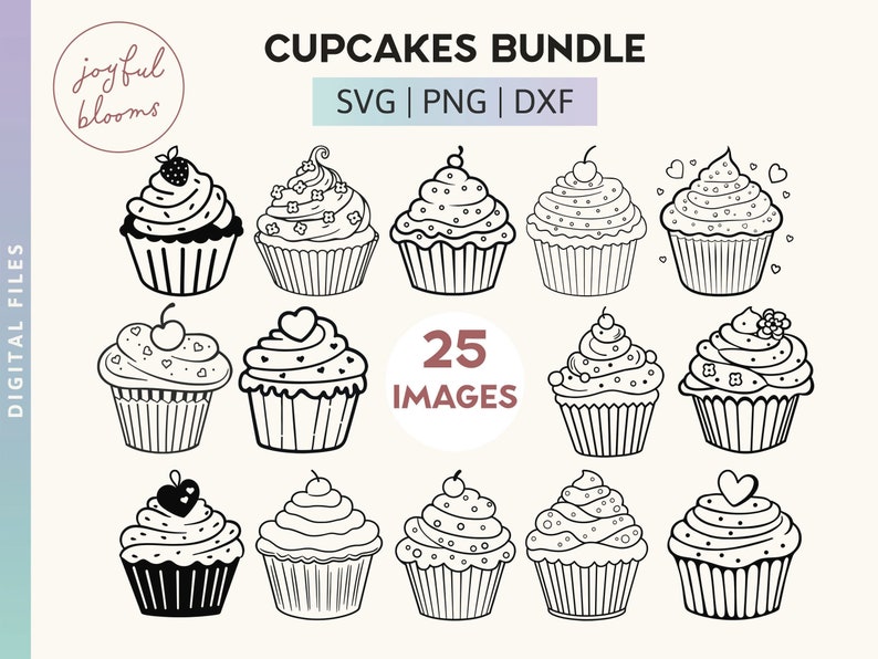 Adorable Cupcake Line Art Bundle, SVG PNG DXF Files, Sweet Desserts ...