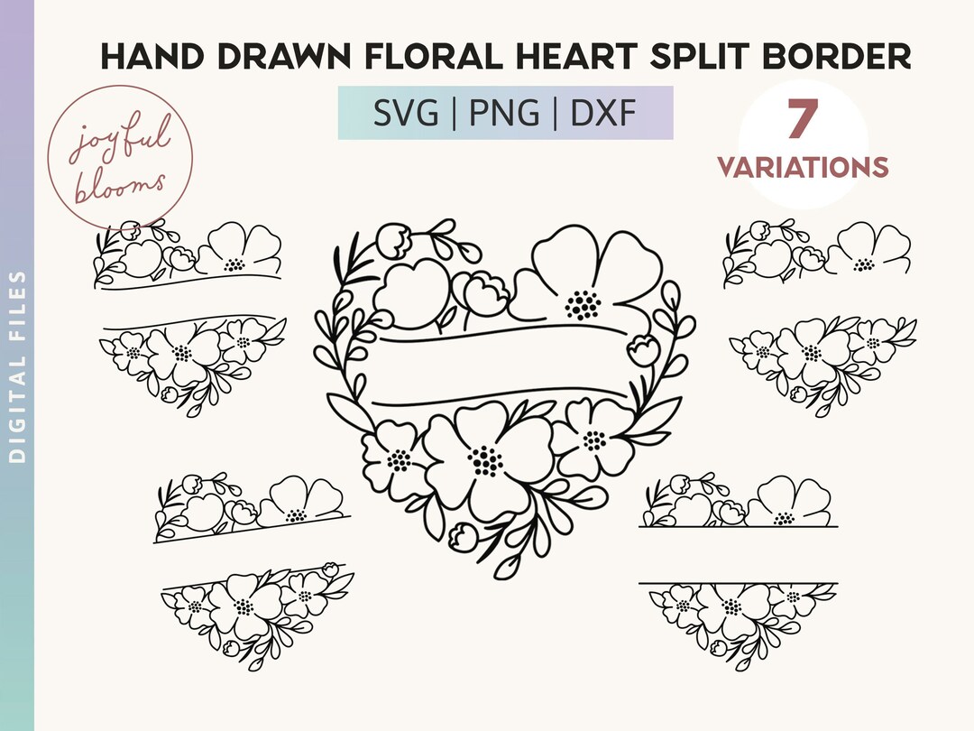 Boho Flowers Split Border SVG, Floral Frames PNG DXF, Heart Shape Line ...