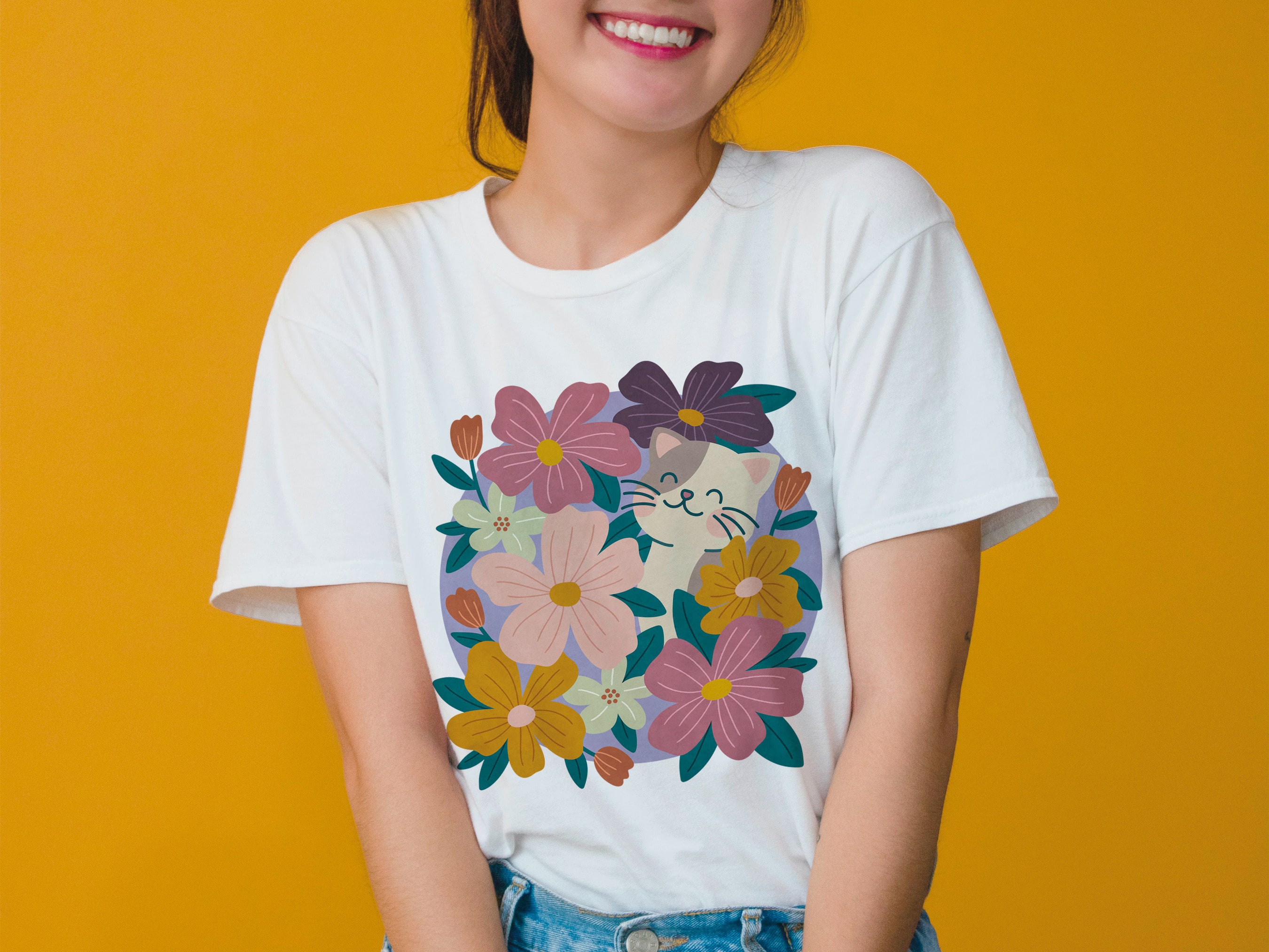 Cute Happy Cat Peeking Out of Colorful Flowers T-shirt, Whimsical ...