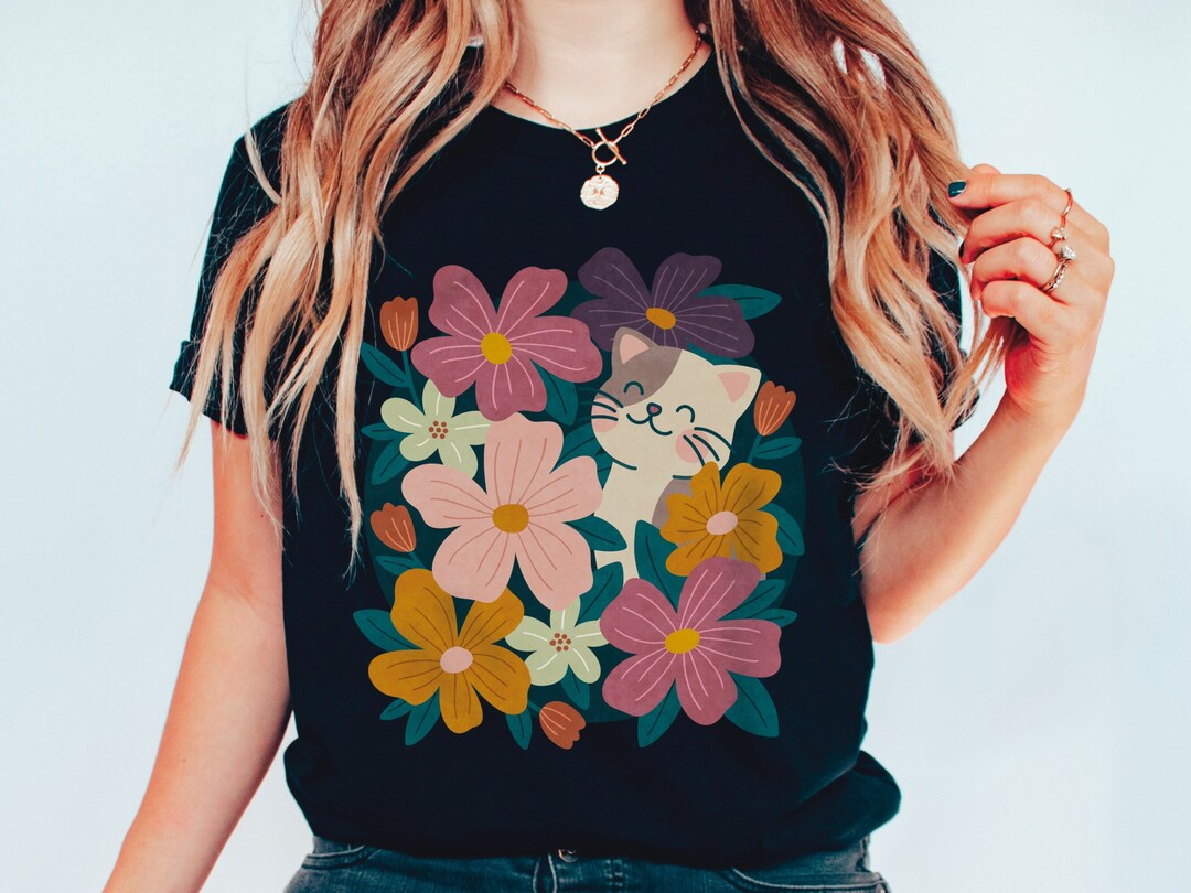 Cute Happy Cat Peeking Out of Colorful Flowers T-shirt, Whimsical ...