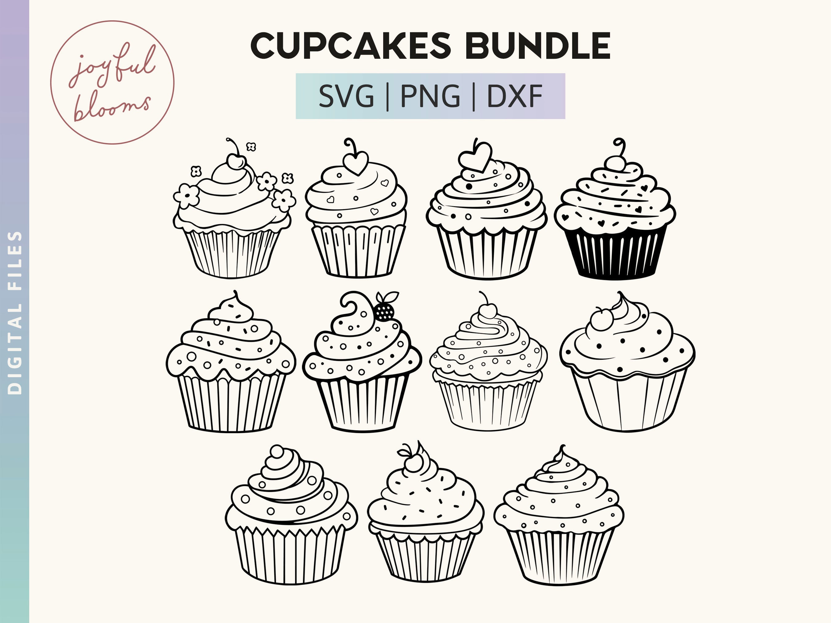 Adorable Cupcake Line Art Bundle, SVG PNG DXF Files, Sweet Desserts ...
