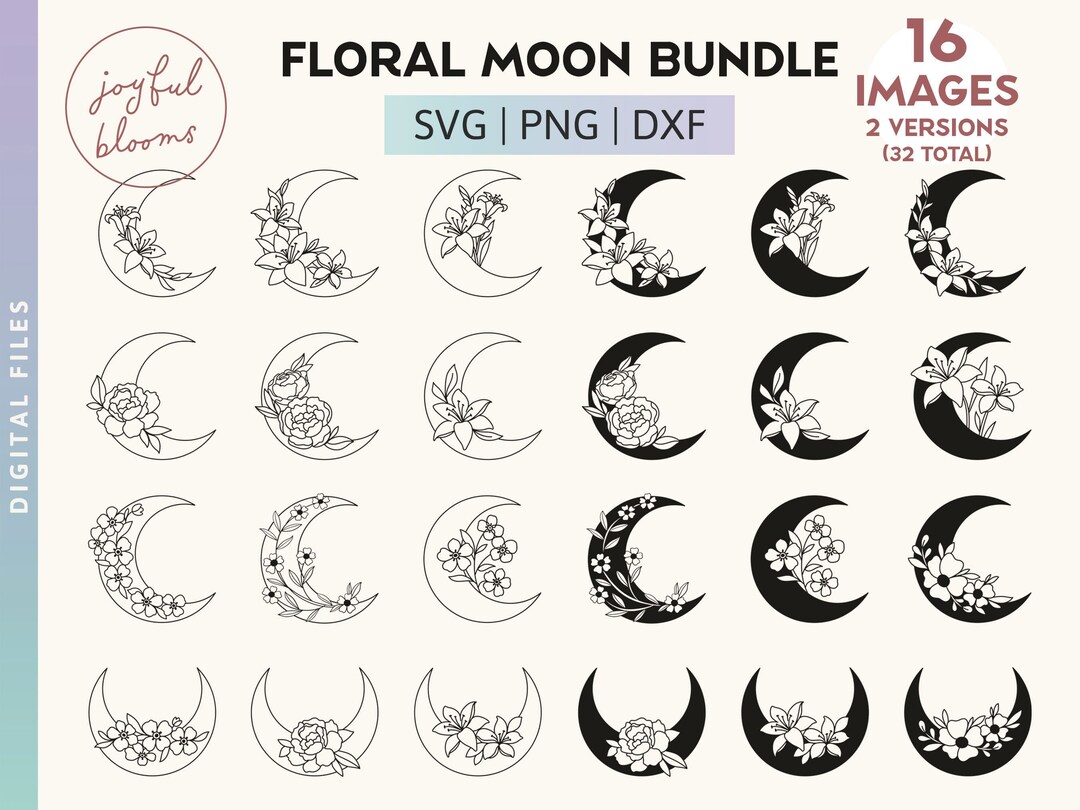 Minimalist Floral Moon Bundle, Boho Line Art, Celestial Flowers SVG PNG ...