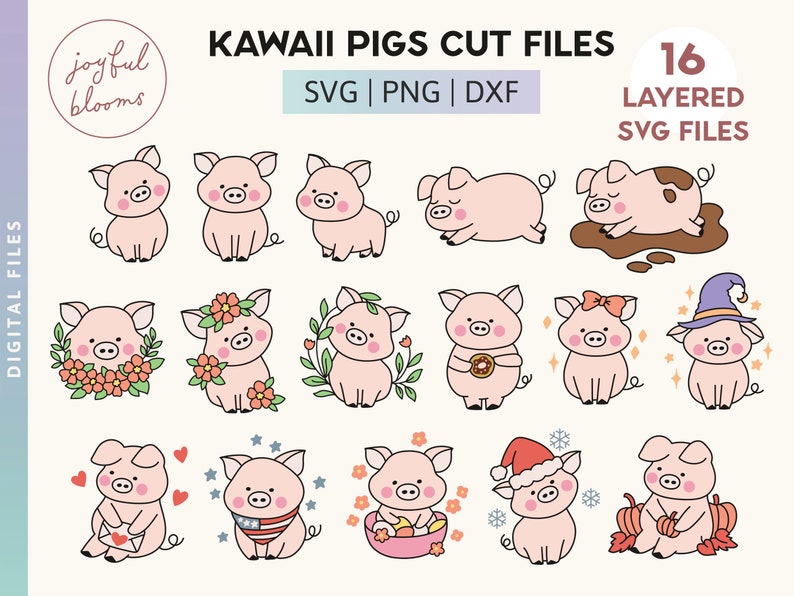 Hand-drawn Kawaii Baby Pigs Layered SVG PNG DXF Layers Cricut Cut Files ...