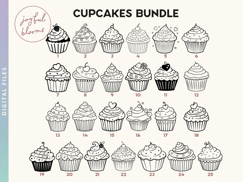 Adorable Cupcake Line Art Bundle, SVG PNG DXF Files, Sweet Desserts ...