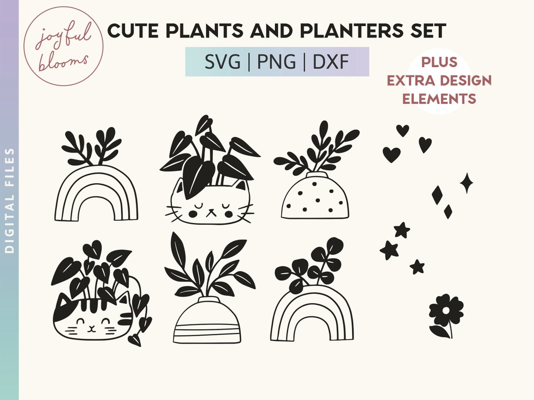 Cute Hand Drawn Plants and Pots SVG PNG DXF - Minimalist Foliage, Cat ...
