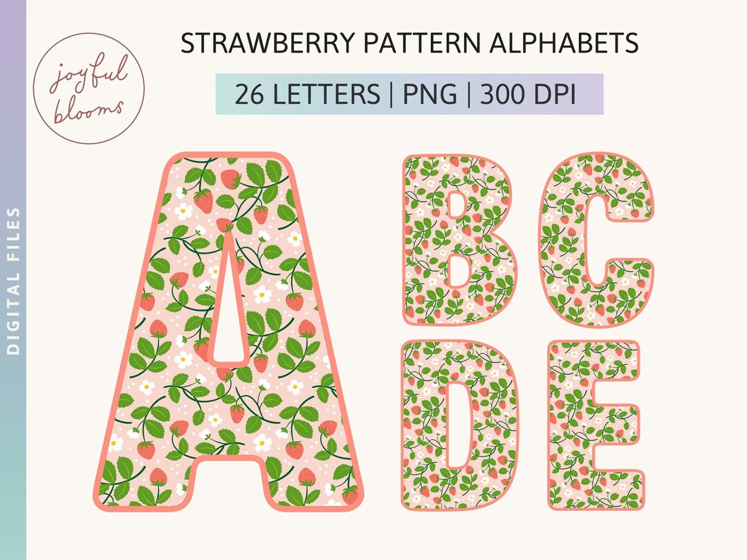 Illustrated Strawberry Plant Flower Pattern Alphabet Digital Clipart ...