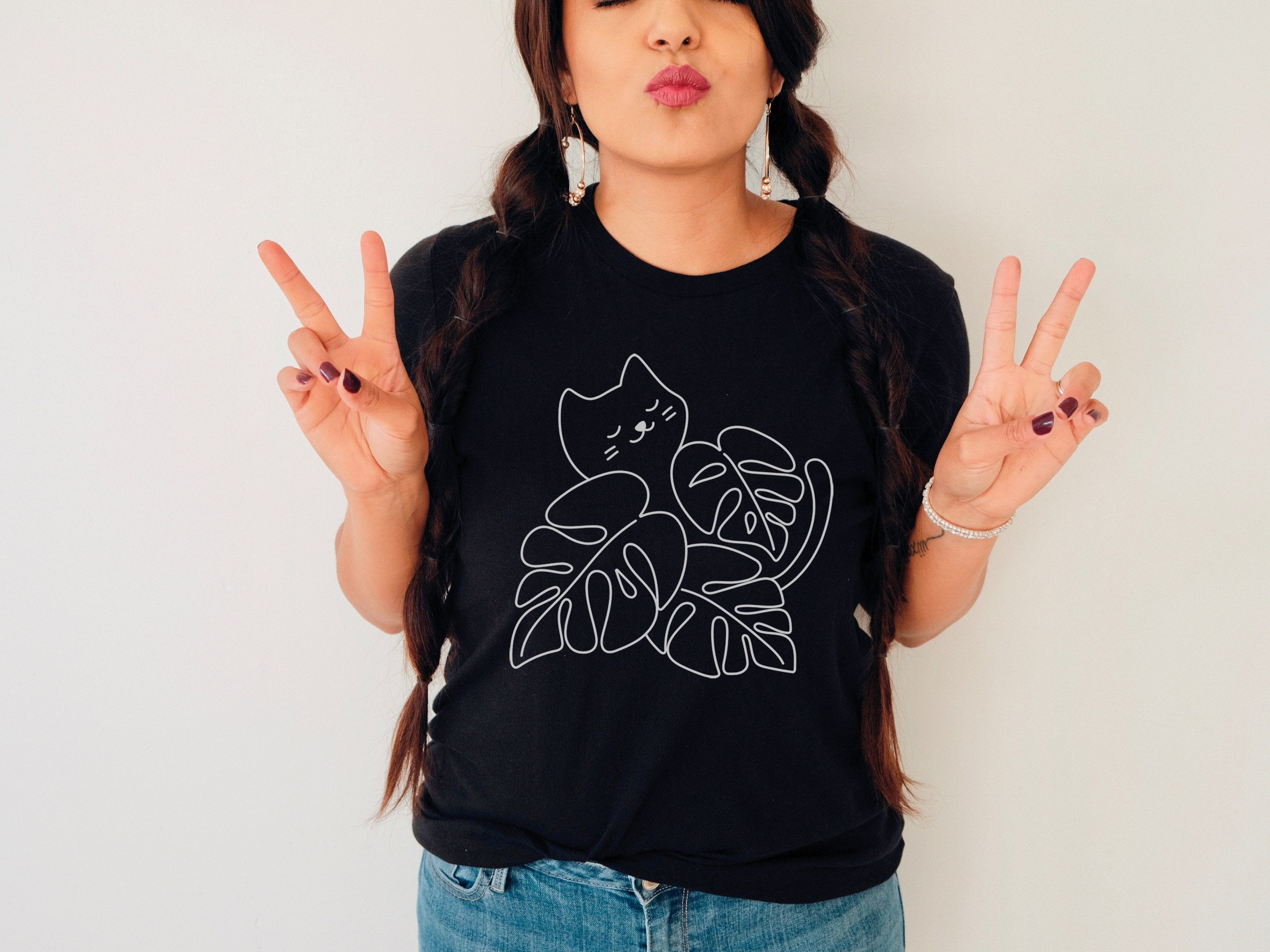 Hand Drawn Cute Cat Monstera Leaves Cut Files Minimal Line Art Cricut ...
