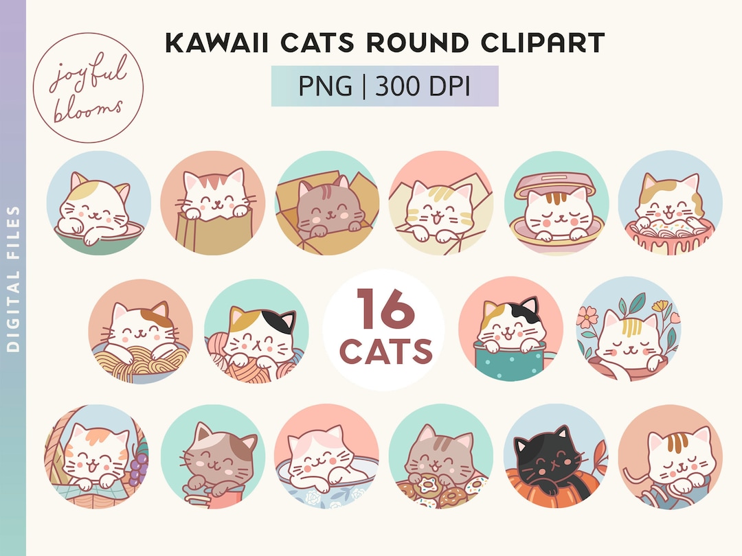 Kawaii Cat Round Clipart Bundle, Cute Colorful Cat Circles Printable ...
