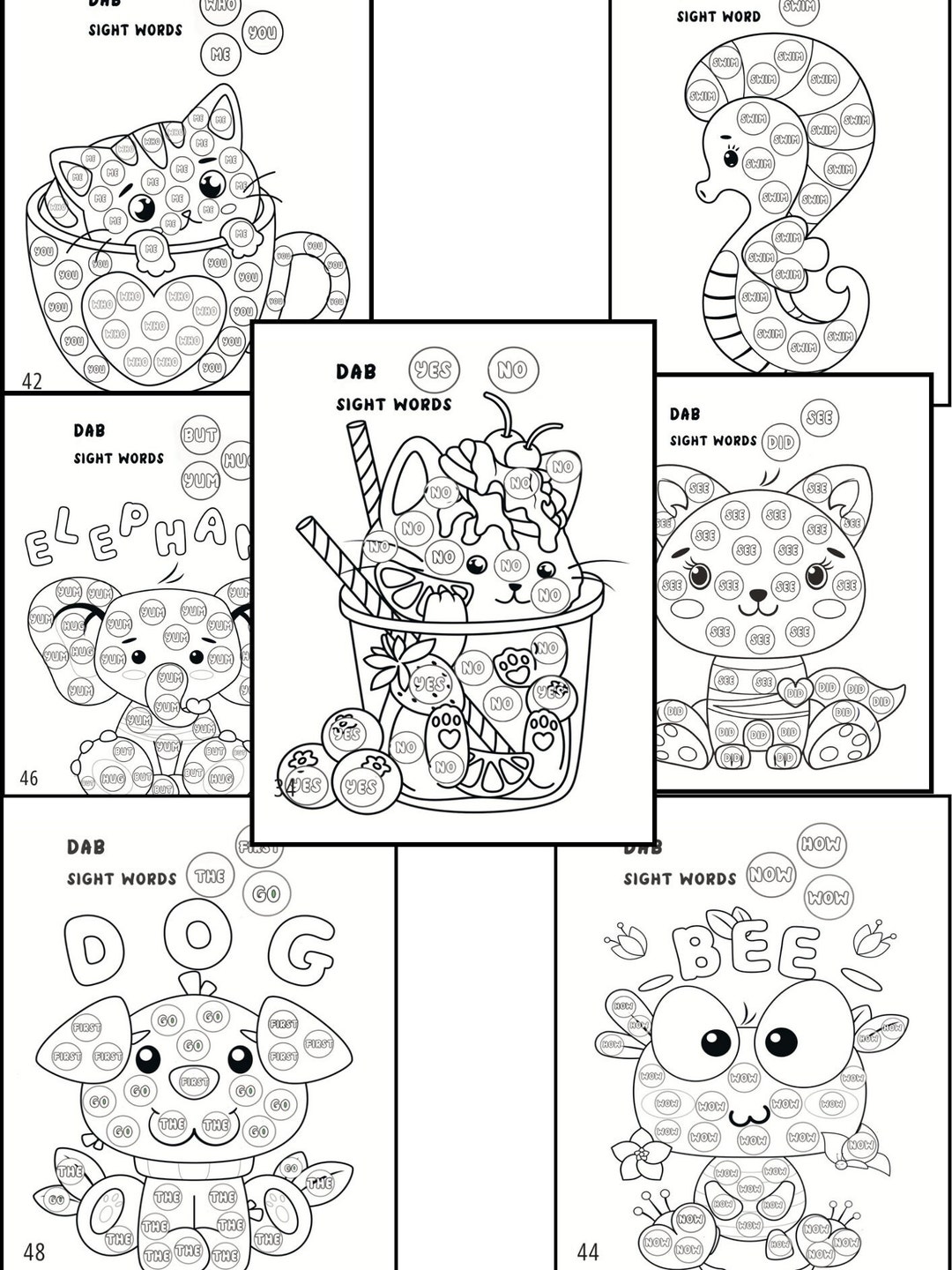 Do A Dot Bingo Dabber Kawaii Animal Coloring Sheets With Sight Words ...