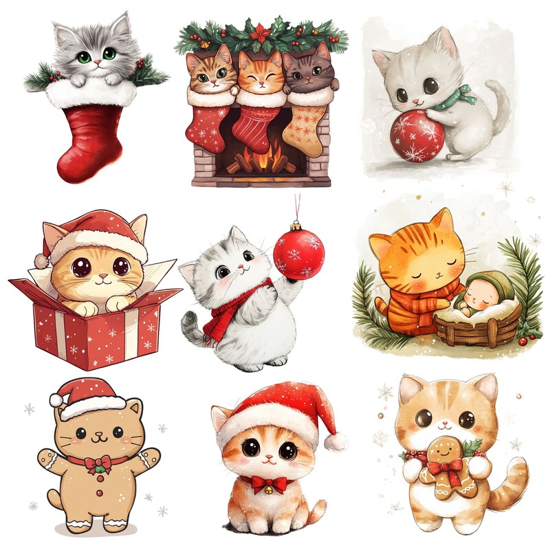 Christmas Kawaii Cat Clipart PNG Download Cats Clipart Set Download ...