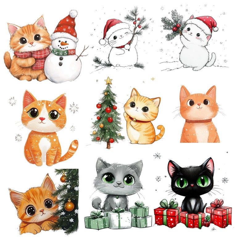 Christmas Kawaii Cat Clipart PNG Download Cats Clipart Set Download ...