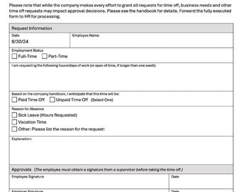 Employee Time-off Request Form Template (word Printable& Editable) - Etsy