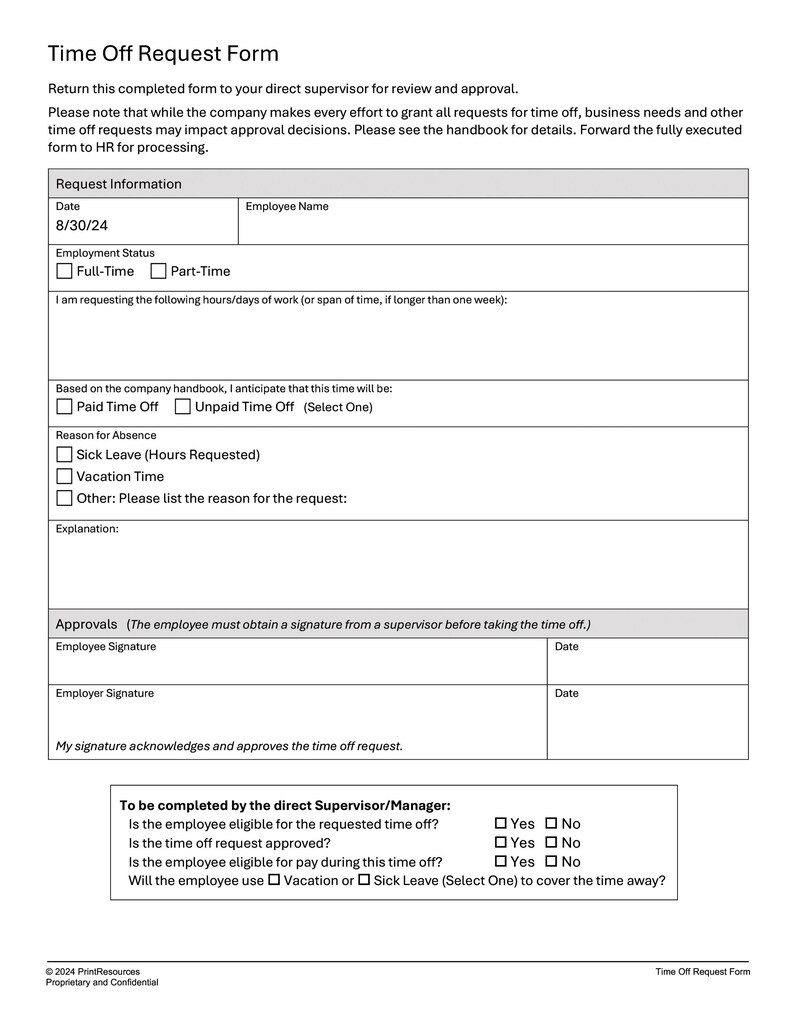 Employee Time off Request Form - Etsy