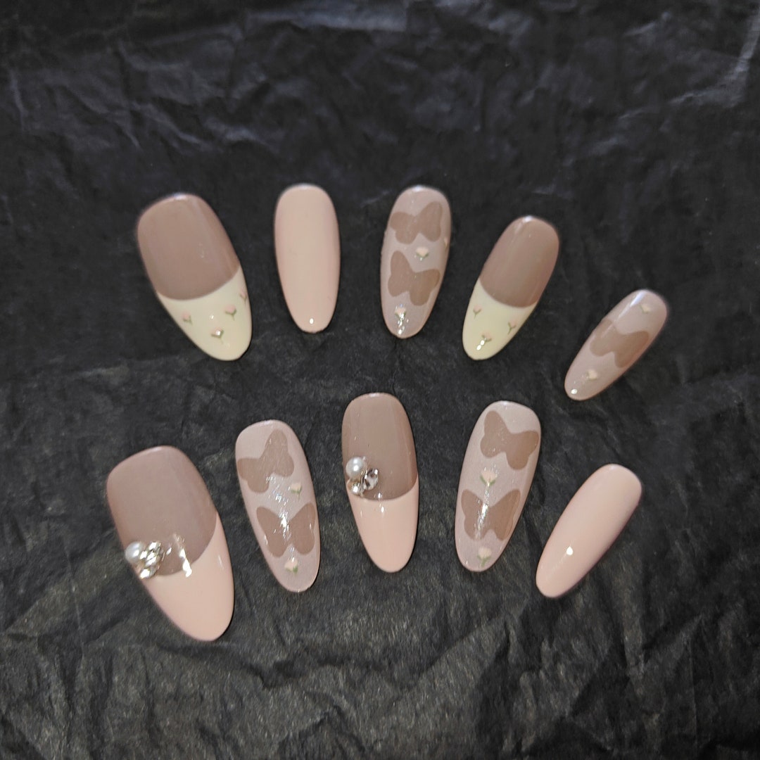 Pink Luxurious Nails,butterfly Fake Nails,popular False Nails,french ...