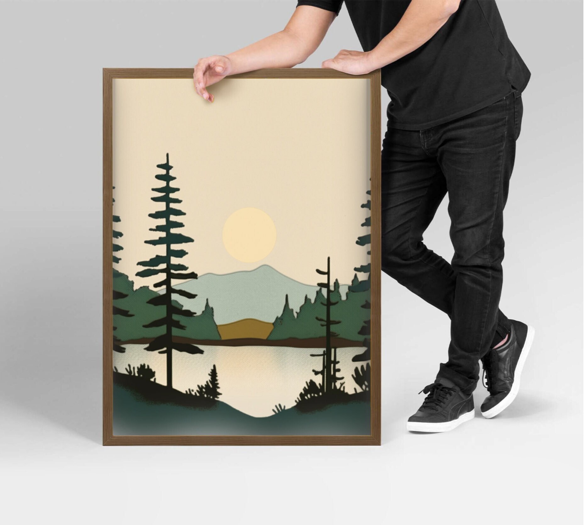 Minimalist Mountain Print Blue & Green Earth Tones Lake - Etsy
